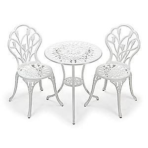 Laurel Canyon Antique Copper Finish Outdoor Furniture with Rust-Resistant Small Round Table and 2 Chairs for Porch, Lawn, Garden, Pool, Backyard, White