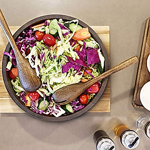 Miusco Natural Acacia Wooden Large Salad Serving Bowl with Tongs Set, 12 Inch, 200 Oz./6.25 Quarts, Spoons Included, Premium Handcrafted Wood Bowl and Utensils Set, Great Holiday Gift
