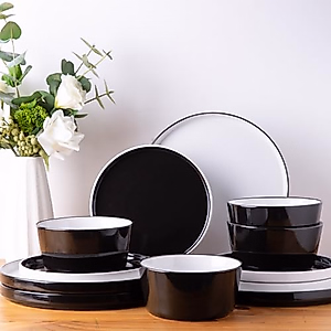 AmorArc Ceramic Dinnerware Sets for 4,12 -Piece Double Color Stoneware Plates and Bowls Set,Chip and Crack Resistant | Dishwasher & Microwave Safe Dishes Set,Service for 4 -White &Black