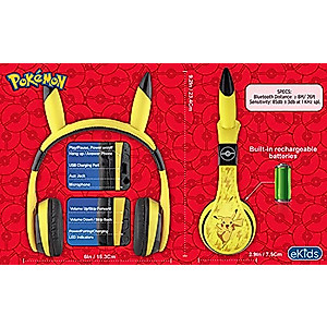 eKids Pokemon Kids Bluetooth Headphones, Wireless Headphones with Microphone Includes Aux Cord, Volume Reduced Kids Foldable Headphones for School, Home, or Travel