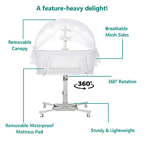 Dream on Me Breeze Swivel Baby Bassinet in White, 4 Adjustable Height Positions, Sturdy and Lightweight Portable Bassinet, Breathable Mesh Sides with Waterproof Mattress Pad