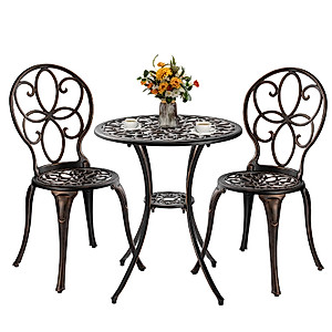 PATIO-IN Patio Bistro Sets 3 Piece, Outdoor Bistro Table and Chairs Set of 2 with Umbrella Hole, Cast Aluminum Bistro Set, Patio Furniture for Yard Garden Porch, Bronze