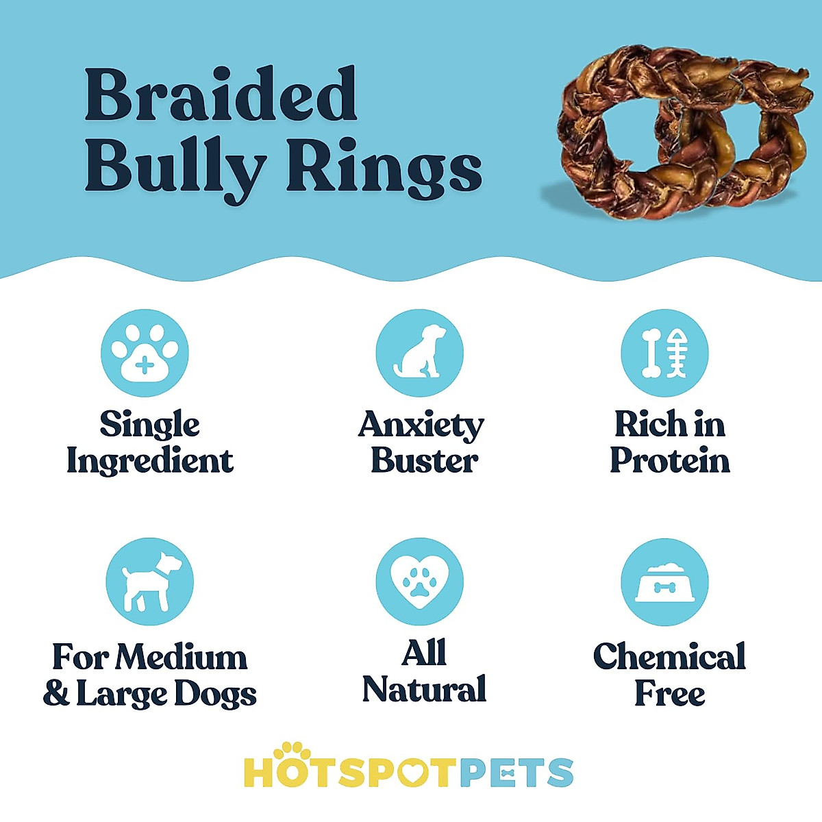 hotspot pets Braided Bully Stick Rings for Dogs - (3 Pack) Premium All Natural Long Twisted Beef Pizzle Dog Chew Treats - Grain Free Fully Digestible Rawhide Alternative Bones