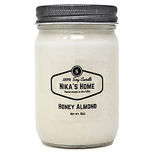 Nika's Home Honey Almond Soy Candle 12oz Mason Jar Non-Toxic White Soy Handmade, Long Burning 50-60 Hours Highly Scented All Natural, Clean Burning Large Candle Gift Décor