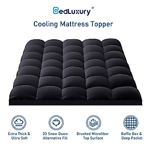 BedLuxury Full XL Black Mattress Topper Mattress Pad Cover Plush Soft Pillowtop with Elastic Deep Pocket Overfilled Down Alternative Filling