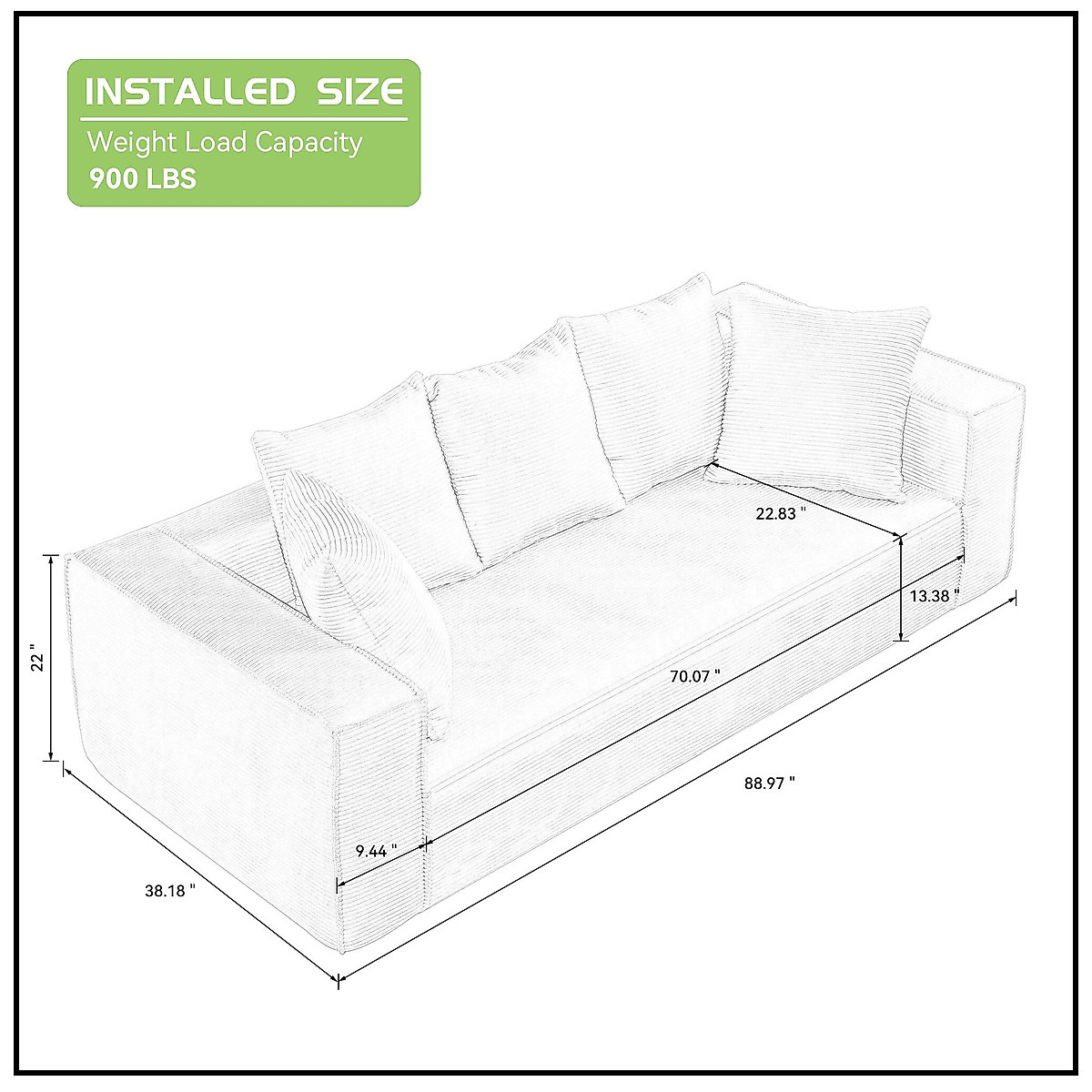 KEVINSPACE 89''Modern Sofa Couch for Living Room 3 Seater Comfy Sofa Corduroy Sofa Couches with 5 Pillows, All-Foam Sofa, NO Frame. No Assembly Required Sofa for Small Space, Apartment Black 22'' H