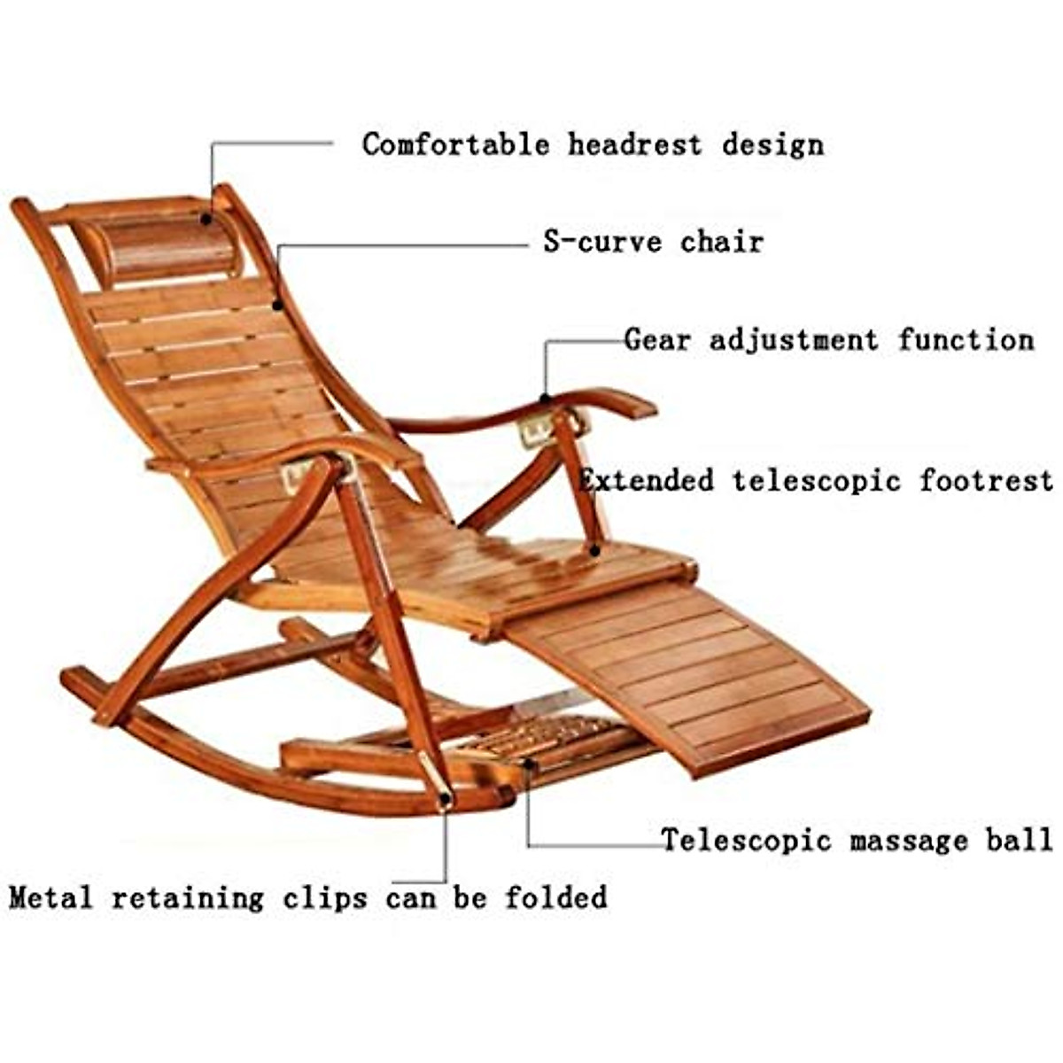XZGDEN Lightweight Camping Chairs Garden Loungers Folding Chair Solid Wood Rocking Chair with Foot Massage and Cotton Pad, 5-Speed Adjustment, Indoor and Outdoor Use (Color : Wood Color)