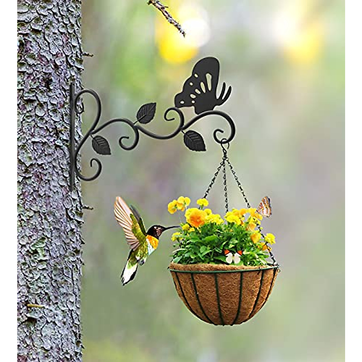 Lewondr Wall Hanging Plant Bracket, [2 Pack] 12 Inch Retro Outdoor Indoor Garden Hook Hanging Planter Decorative Plant Brackets for Bird Feeder Wind Chime Lantern, Butterfly and 3 Leaves, Black