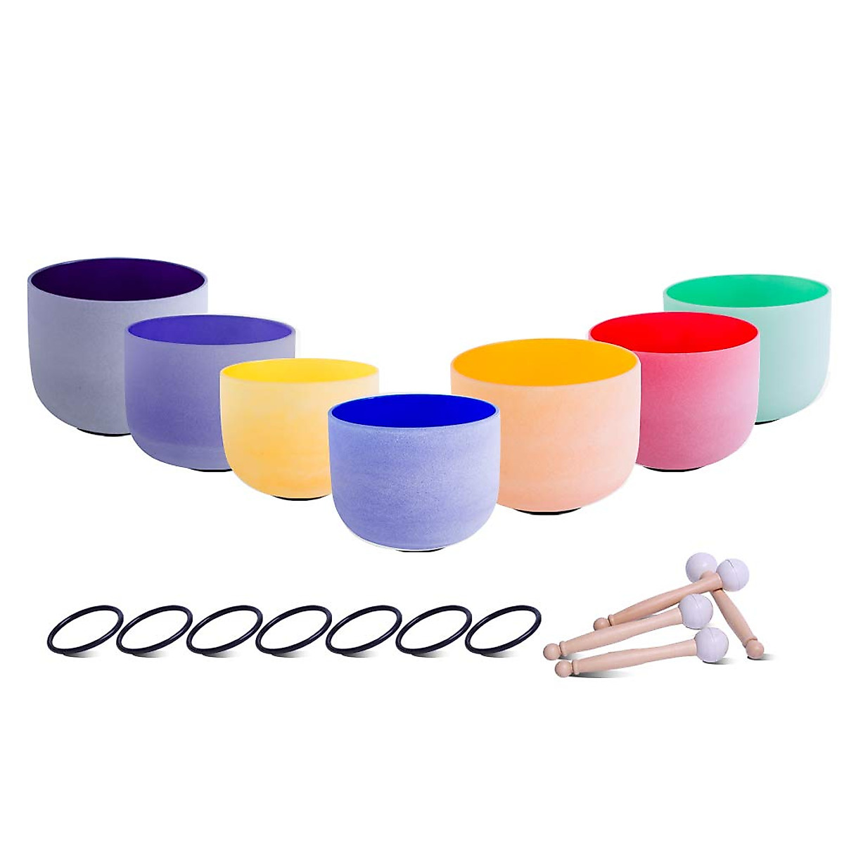 7"-12" 432Hz Chakra Tuned Set of 7 Colored Frosted Quartz Crystal Singing Bowl