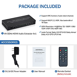4K@60Hz HDMI Switch 5x1 with Audio Extractor, avedio links 5 Port HDMI Switcher with Optical SPDIF + 3.5mm Audio, 5 in 1 Out HDMI Audio Selector Switch Box with Remote Support HDR10 ARC 18Gbps HDCP2.2