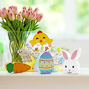 Huray Rayho Easter Wood Blocks Spring Tabletop Decoration Happy Easter Tiered Tray Decor Farmhouse Bunny Chick Carrot Egg Mini Wooden Signs