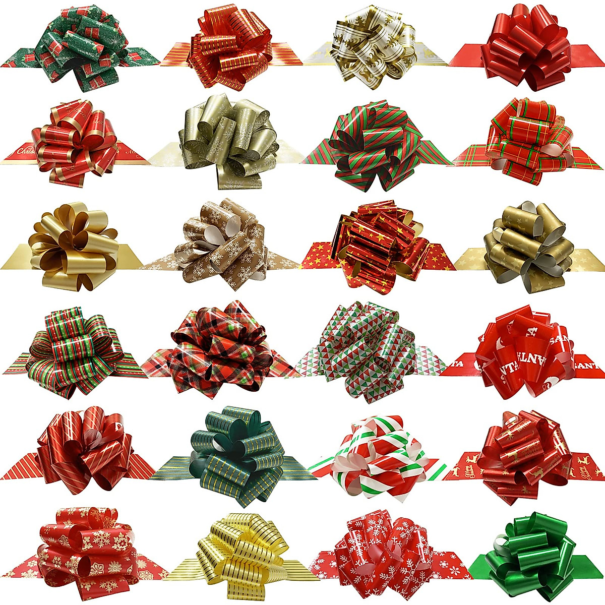 Christmas Gift Pull Bows Set in 24 Assorted Patterns, Present Wrapping Bows with Ribbon, Accessory for Holiday Gift Wine Bottles Book Decoration (Easy Assembly Needed) (24)