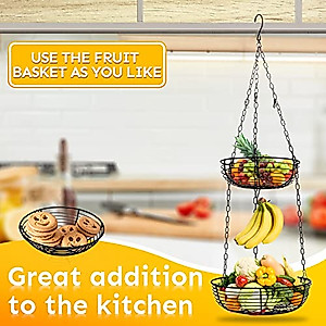HULISEN 3 Tier Hanging Fruit Basket with Banana Hook, Heavy Duty Wire Hanging Baskets for Kitchen Storage, 36 Inch Hanging Vegetable Produce Basket Organizer (Including Installation Bracket)