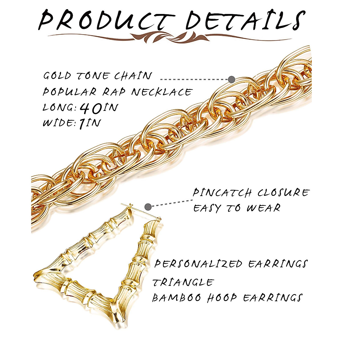HANPABUM Gold Plated Chunky Rope Chain Necklace and Large Hollow Casting Triangle Bamboo Hoop Earrings Set for Men Women Costume Jewelry Punk Hip Hop Rapper Style (A:Triangle)