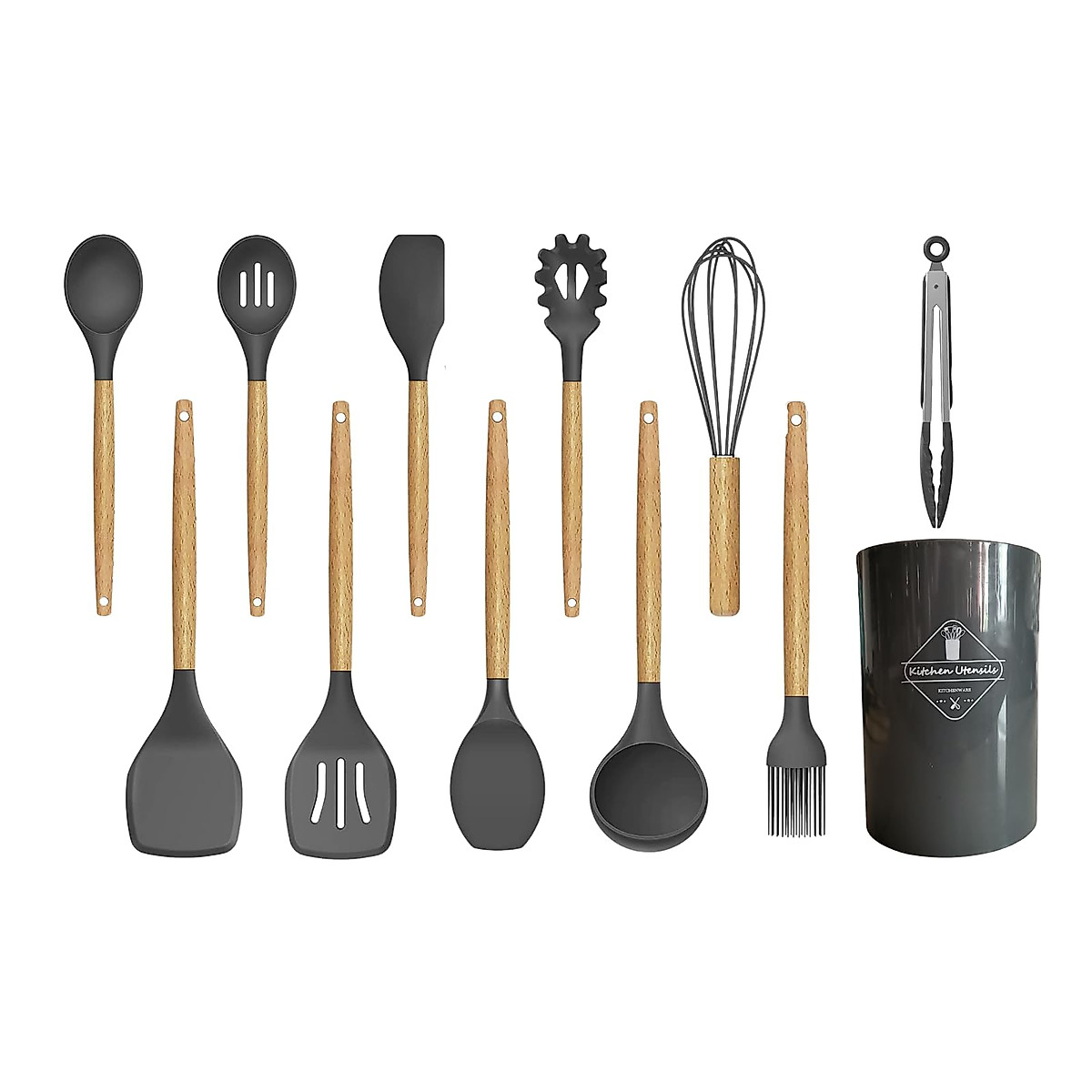 LaGrace O Naturel 12 Pcs Non-stick Silicone Kitchen Utensil Set – Wooden Spoons For Cooking - 446°F Heat Resistant Turner Tongs, Spatula, Spoon, Brush,