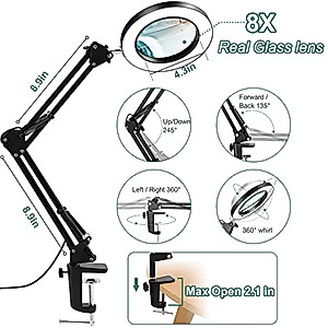 Krstlv 8X Magnifying Glass with Light, Real Glass Lens Desk Lamp & Clamp, 3 Color Modes Stepless Dimmable, Hands Free LED Lighted Magnifier with Light and Stand for Reading Crafts Repair Close Works