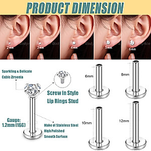 BodyAce 16G 18G Lip Studs Labret Ring, Nostril Stud Nose Rings for Women, Stainless Steel Medusa Helix Tragus Piercing Jewelry with Piercing Taper & Discs [1.0mm=18G,4/5/6mm CZ;L:10mm]