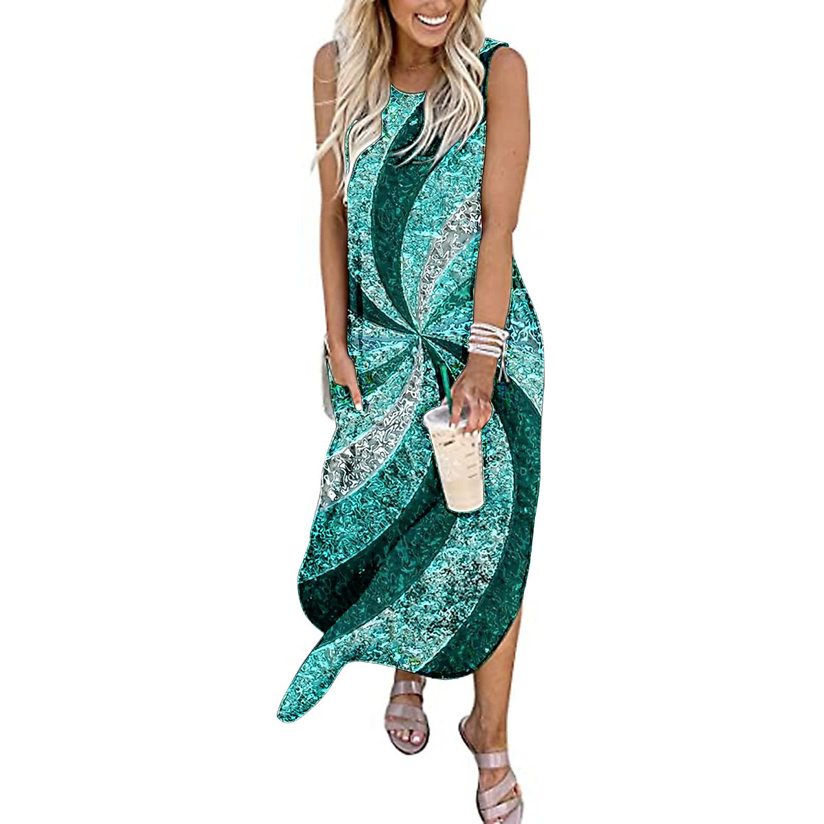 Maxi Dresses for Women 2023 Women Casual Printing Loose Sundress Long Dress Crisscross Sleeveless Split Maxi Dress Mint Green