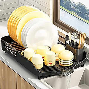 Dish Drying Rack - Large Dish Rack, Expandable Stainless Steel Dish Drainers for Kitchen Counter with Cutlery Holder, Drying Rack for Kitchen Sink, Black