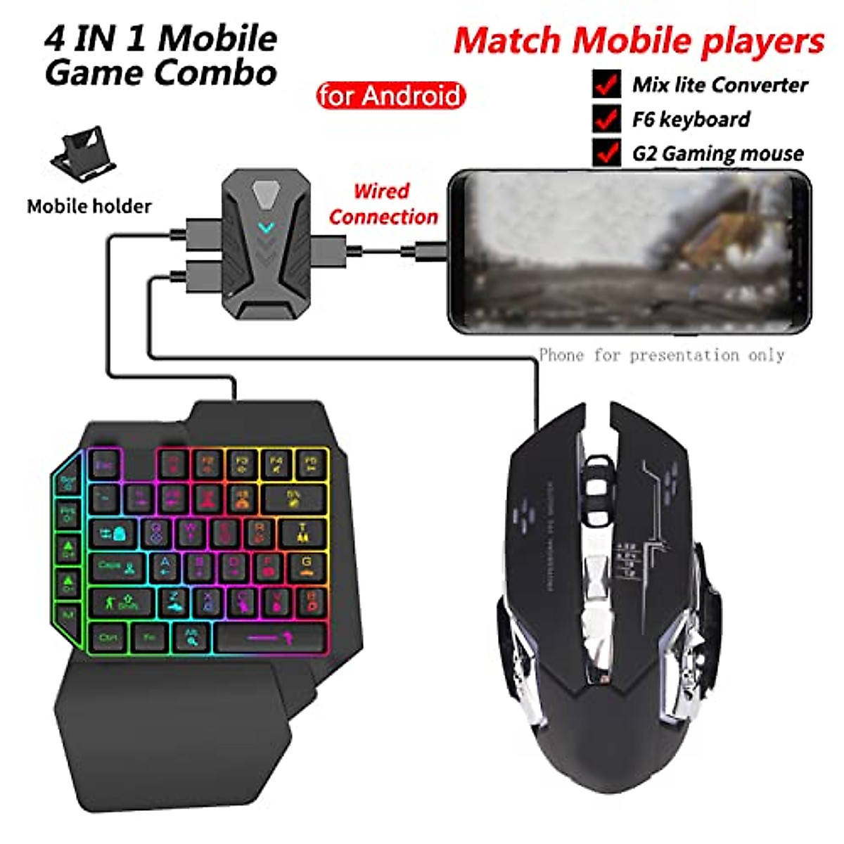 One Hand Gaming Keyboard and Mouse Combo with Converter,35 Keys Wired RGB Backlit Keyboard and Gaming Mouse,with Phone Holder,Gaming Keyboard Set for Game(Mix lite+F6+G2)
