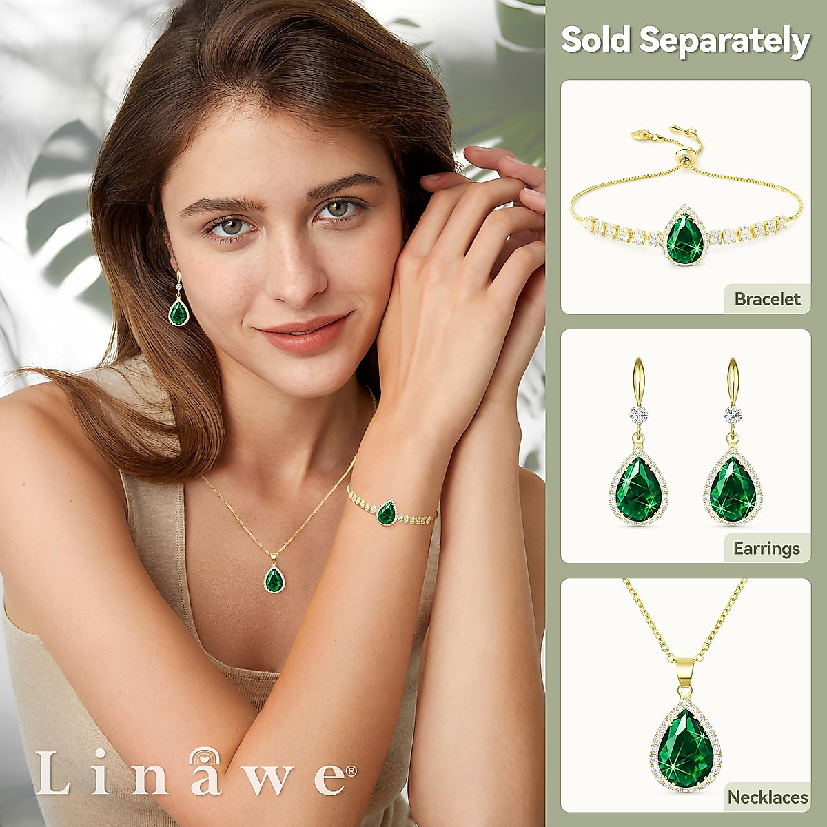 Linawe Emerald Green Earrings for Women Trendy, 14K Gold faux Diamond Rhinestone Cubic Zirconia Crystal Earrings, Teardrop Birthstone Lime Green Earrings, Wedding Jewelry Set