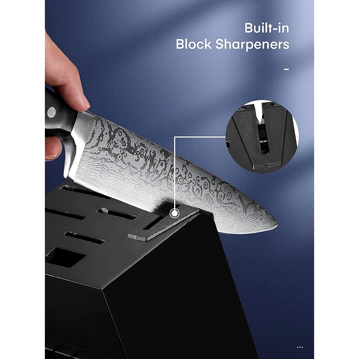 Knife Set, D.Perlla 14 Pieces Kitchen Knife Set with Built-in Sharpener, Stainless Steel Knives Block Set with Unique Waved Pattern, Non-slip Handle, Black