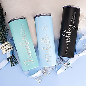 Bridesmaid Gifts Set of 5, Personalized Bridesmaid Tumbler W/ Name and Title, - 8 Vivid Colors, 5 Designs - 20 Oz Engraved Skinny Tumbler W/ Straw Set, Bridal Shower Gift, Bridesmaid Proposal Gifts