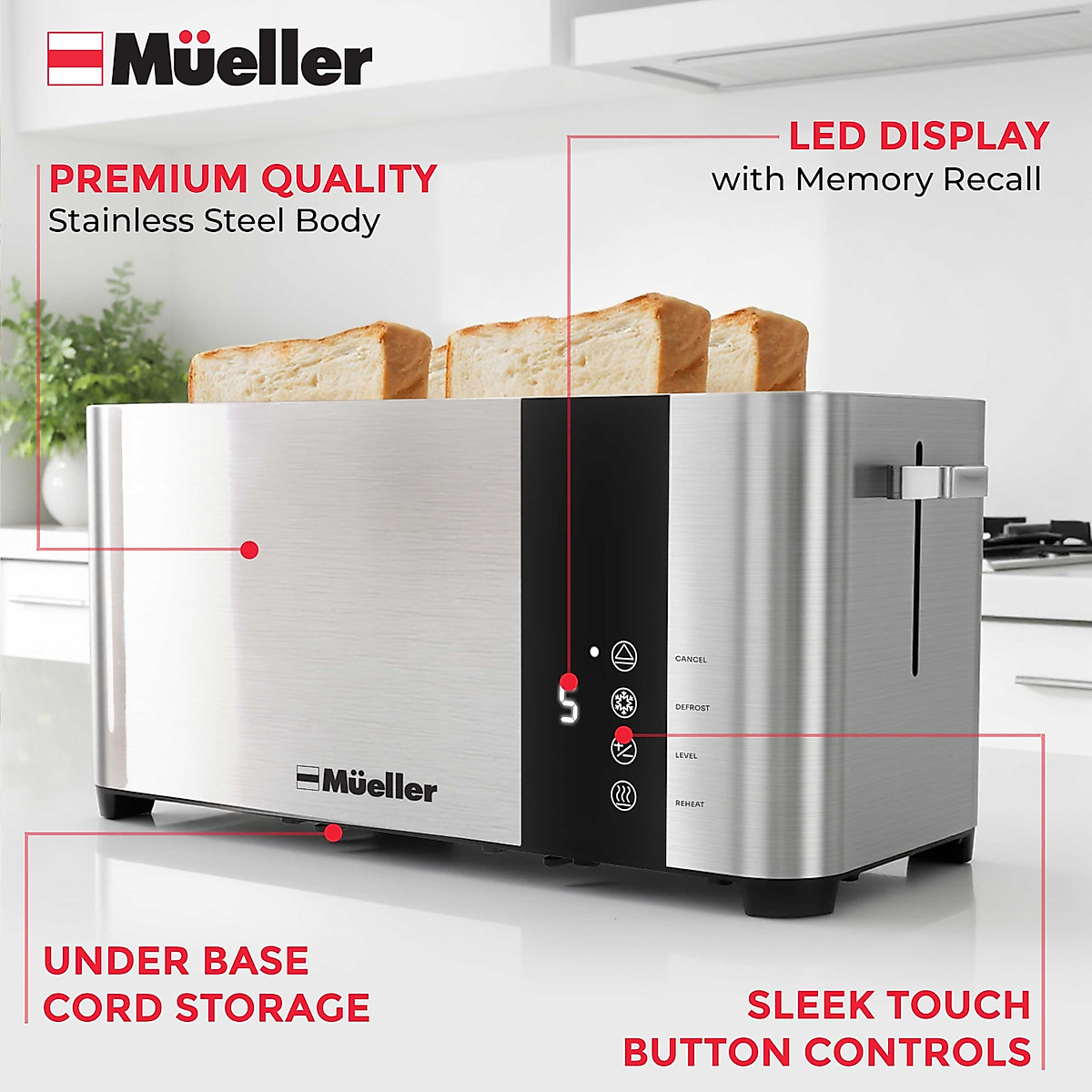 Mueller UltraToast Full Stainless Steel Toaster 4 Slice, Long Extra-Wide Slots with Removable Tray, Cancel/Defrost/Reheat Functions, 6 Browning Levels with LED Display