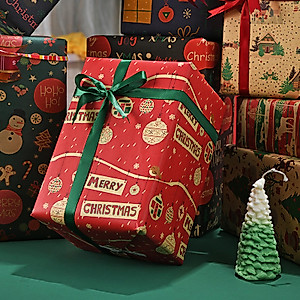 DIYCICO 12 Sheets Christmas Wrapping Paper Holiday Woodland Gift Scene with Christmas Tree, Snowflakes, Red Truck, Santa Claus, snowman, 28 x 20 Inch, Heavy Thicker Folded Flat Paper (Not Rolled)