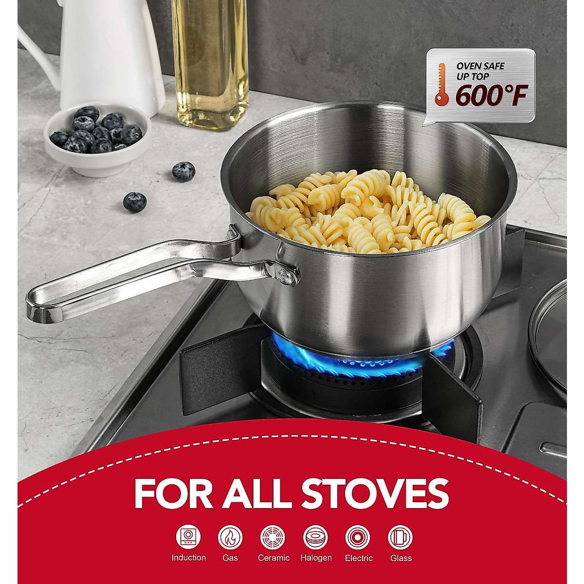 MICHELANGELO Stainless Steel Pot Set - 1QT & 2QT & 3QT Stainless Steel Sauce Pan with Lid, Induction Saucepan Set, Small Pots for Cooking - 6 Pcs