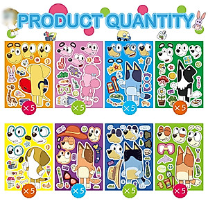 40-Piece Blue Make-a-face Stickers Pack, Make Your Own Stickers Fun Craft Project for Kids Teens, Mixed & Matched With 8 Designed Characters(5 of each) Stickers for Party Decoration, Reward, Decor,