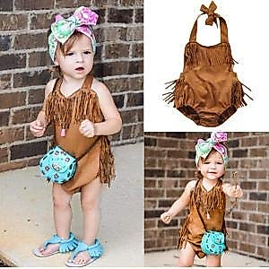 Infant Baby Girl Fringe Faux Suede Romper - Western Style Halter Sunsuit, Adjustable Straps (Brown, 6-12 Months)