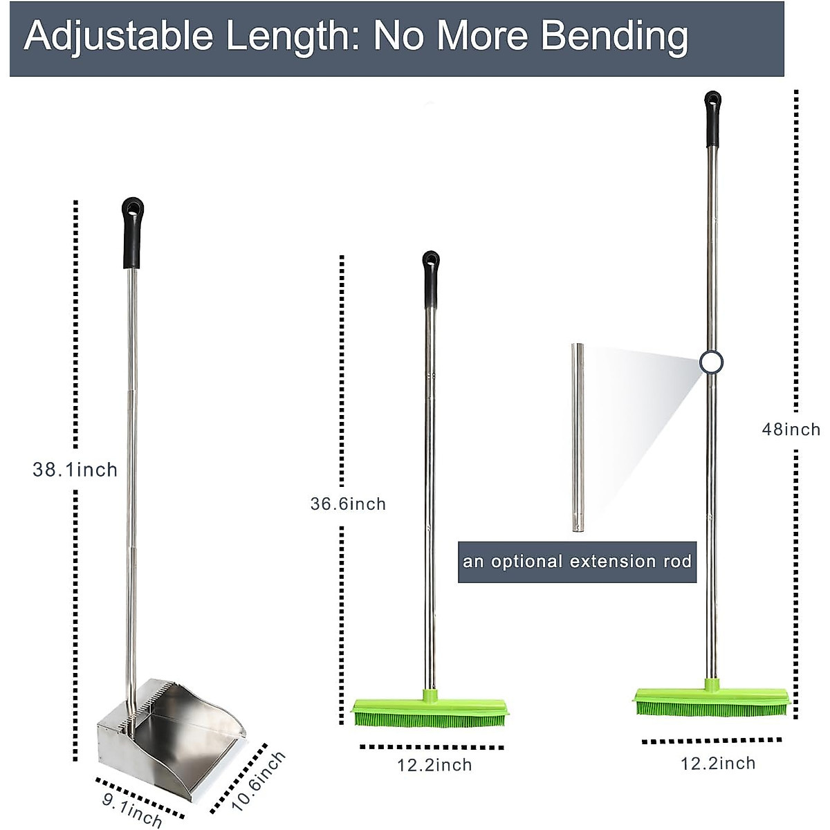 Rubber Broom and Dustpan Set,Pet Hair Removal Rubber Broom with Squeegee and Stainless Steel Dust Pan,Carpet Rake Push Broom and Dustpan for Fluff Hardwood Floor Tile (Green)