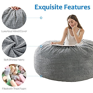 [Sherpa Fabric] Large Bean Bag Chair: 4 ft Memory Foam Bean Bag Chairs for Adults/Kids with Filling,Ultra Soft Faux Fur Fabric, Bean Bag with Filler for Living Room,4 Foot,Light Grey