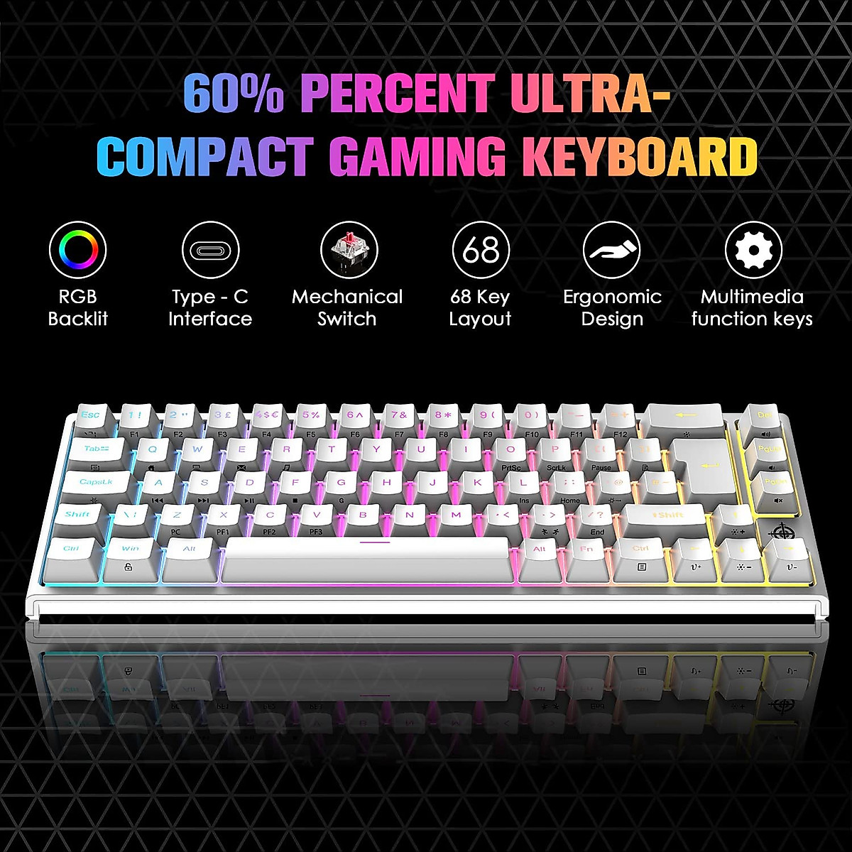LexonElec 60% Mechanical Gaming Keyboard, RGB Chroma Backlit Ultra Compact Mini Mechanical Keyboard, Red Switches 68-Key Full Key Anti-Ghosting, for PC, MAC, PS4 Gamers and Office Typists (White)