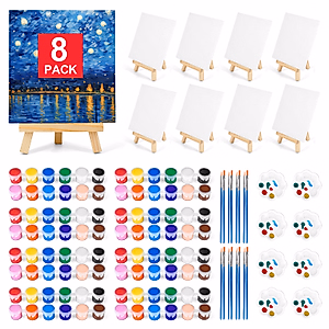 8 Pack 8 * 10In Canvas Boards for Painting, Art Canvas for Drawing with 16 Brushes & 8 Paint Trays & 16 Acrylic Paint, Mini Painting Canvas with Easel Set, Painting Kits for Adults & Kids Party