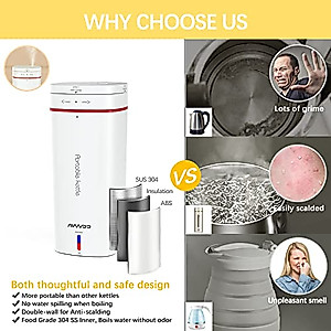 AVWOO Travel Electric Kettle, Portable Electric Kettle, Water Boiler for Travel, Small Electric Kettle Stainless Steel with Boil Dry Protection, Keep Warm, BPA Free, Child Lock - Larger Capacity