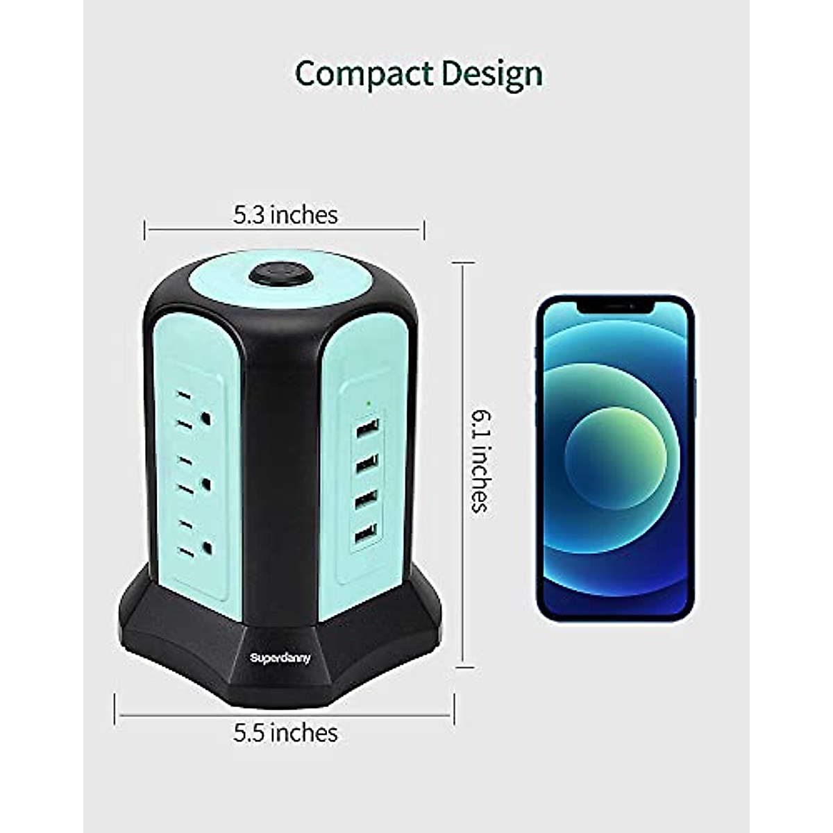 Power Strip Tower Surge Protector, SUPERDANNY Desktop Charging Station, 10 Ft Extension Cord, 9 Outlets, 4 USB Ports, 1080 Joules, 3-Prong, Grounded, Multiple Protections for Home, Office, Blue