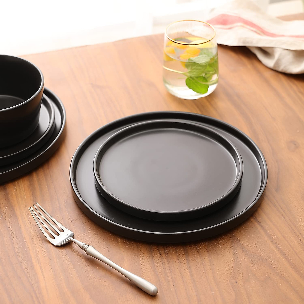 Stone Lain Celina Modern Stoneware 24-Piece Dinnerware Set, Dinner and Salad Plates, Soup Bowls, Dish set for 8, Black
