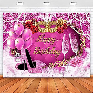 7x5ft Pink Happy Birthday Backdrop High Heel Mask Pink Glitter Backdrop for Birthday Party 50th 70th Birthday Backdrop in Pink Birthday Backdrop for Women