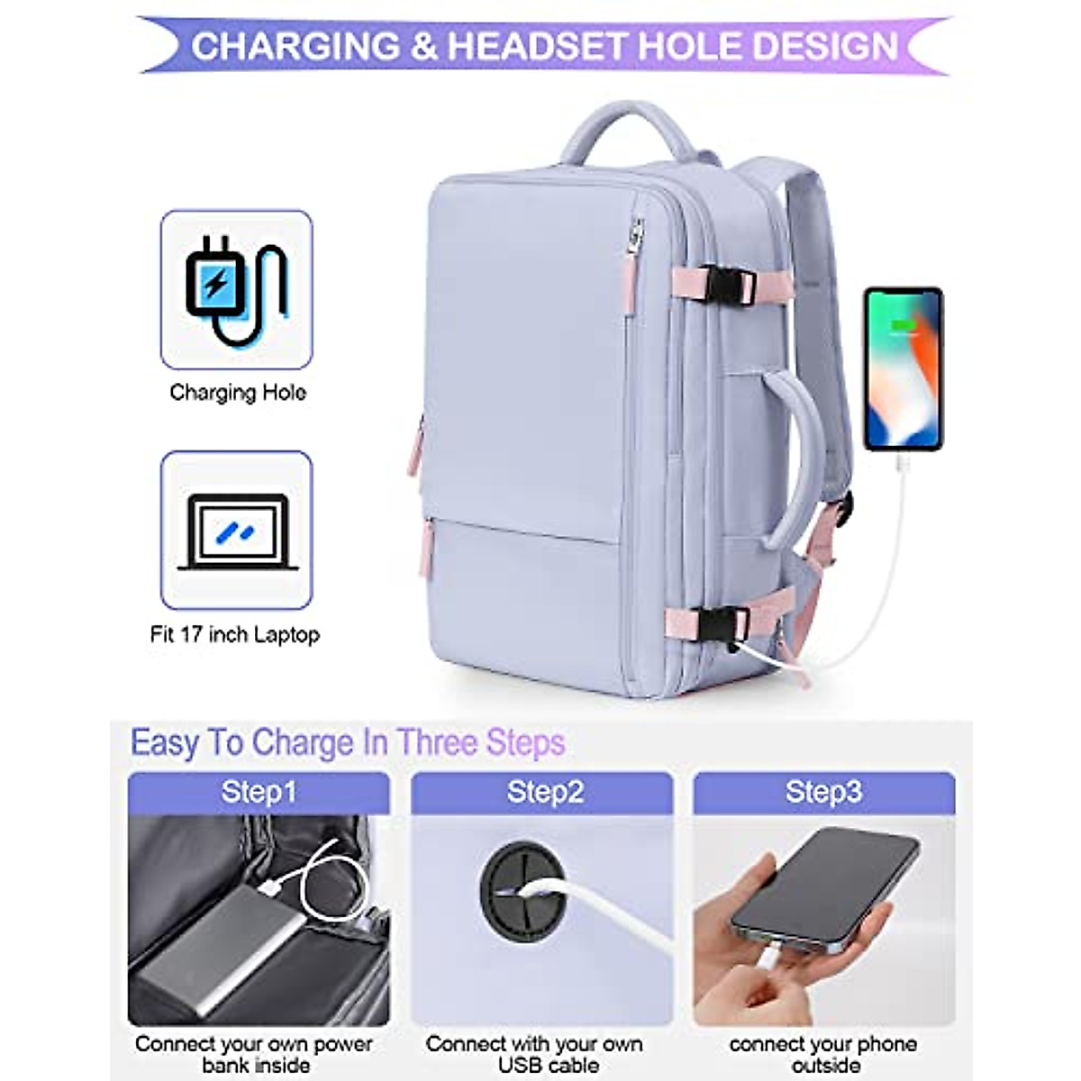 Getravel Travel Backpack for Women, Airline Approved Carry On Luggage As Personal Items, 17.3 inch Laptop Backpack, Waterproof Weekender Bag, Hiking Backpack(Purple)