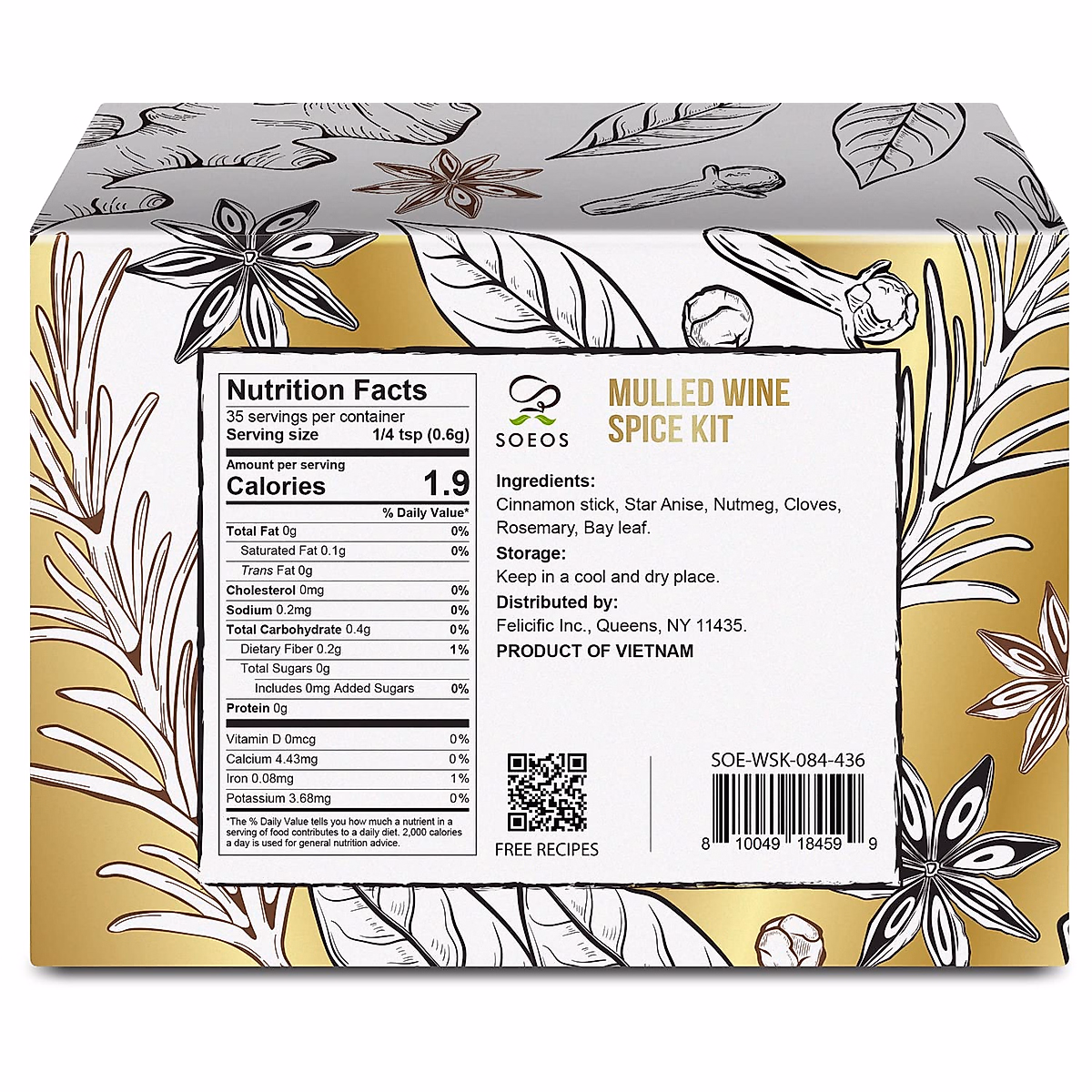 Soeos Mulled Wine Spice Kit, 2.96 oz (0.74 oz*4), Six Premium Spices, Mulled, Wine Spice Kit, Cooking Gadgets Holiday Gifts, Wine Gifts for Women, Christmas Gift Ideas