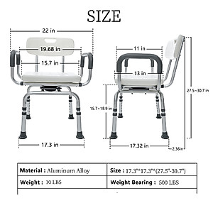 KUNTOM Swivel Shower Chair Bath Chair Height Adjustable with Arms and Back, Aluminum Alloy Frame with Locking Mechanism White