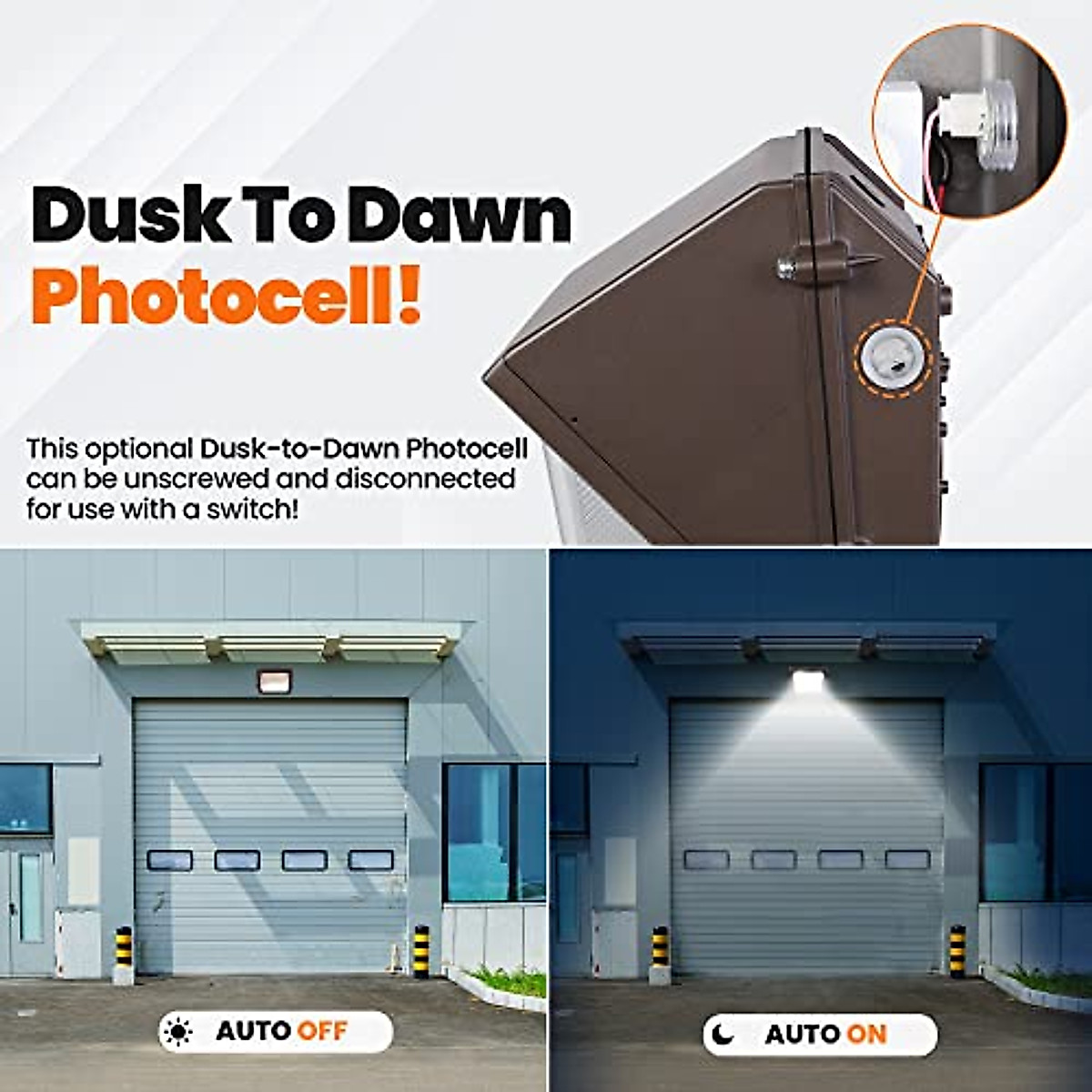 All-in-One 60W LED Wall Pack Fixture - Photocell Dusk-to-Dawn Sensor - 100W-320W MH/HPS Equal - Commercial Outdoor Step-Dimmable LED Security Wall Light - 3000K-5000K CCT Tunable - 100-277VAC - Bronze