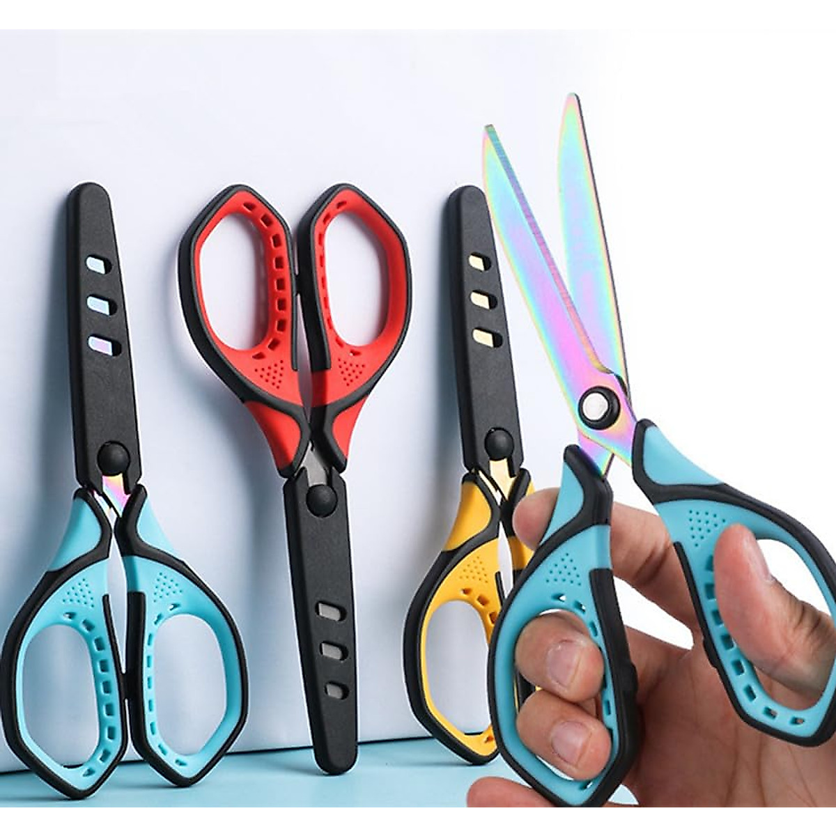 Colorful Titanium Non-Stick Scissors with Cover/Cap, All Purpose Fabric Sewing Scissors Office Craft Scissors SoftGrip Sharp Shears Cutter for Home School Supplies (Blue & Rainbow)
