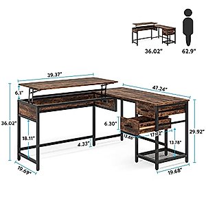 Tribesigns L Shaped Desk with Drawers, Corner Desk with Lift Top, 59 Inch Large Computer Desk, Standing Desk Height Adjustable with Storage Shelf for Home Office, Rustic Brown