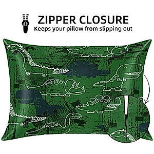 Silk Satin Pillowcase Queen Size for Hair and Skin, Cute Green Camo Animal Dinosaur Cooling Pillow Case with Hidden Zipper Soft Breathable Pillow Cover Gifts for Women Men, 20x30in