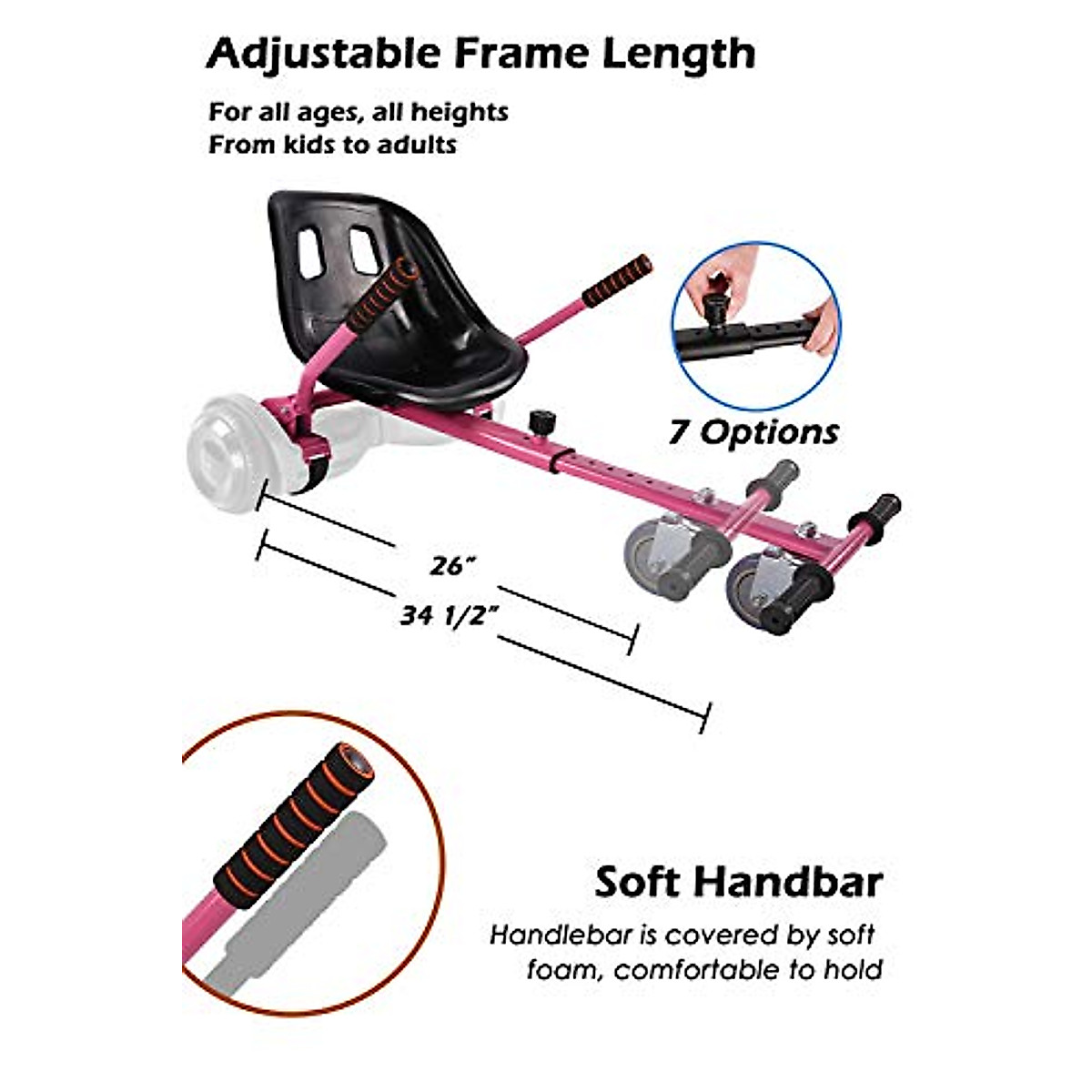 KUMAMOT Hoverboard Seat Attachment for 6.5” 8” 10” Hoverboard, Go Kart Cart Conversion Kit, Accessories for Self Balancing Scooter, Hoverboard Cart for Kids and Adult, Adjustable Frame Length, Pink