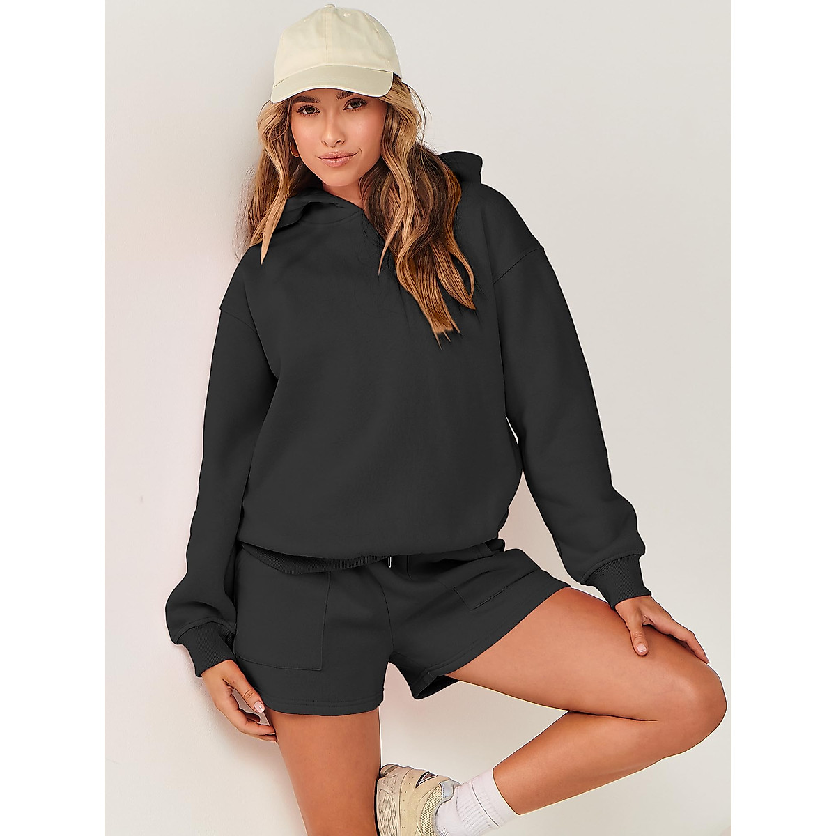 Prinbara Womens Two Piece Outfits Lounge Sets Y2k Hoodie Long Sleeve Sweatshirt and Shorts Set Fall Tracksuit Sweatsuits Matching Set Fashion 2023 Black 1PA046-heise-M