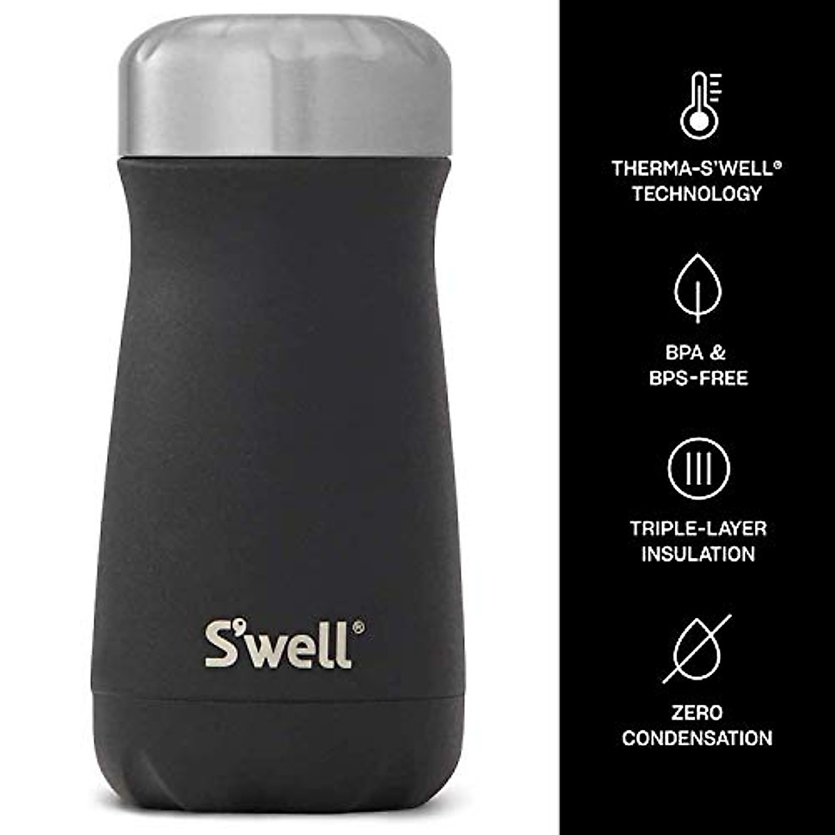 S'well Stainless Steel Traveler-12 Fl Oz-Onyx-Triple-Layered Vacuum-Insulated Containers Keeps Drinks Cold for 21 Hours and Hot for 9-with No Condensation-BPA Free Water Bottle, 1 Count (Pack of 1)
